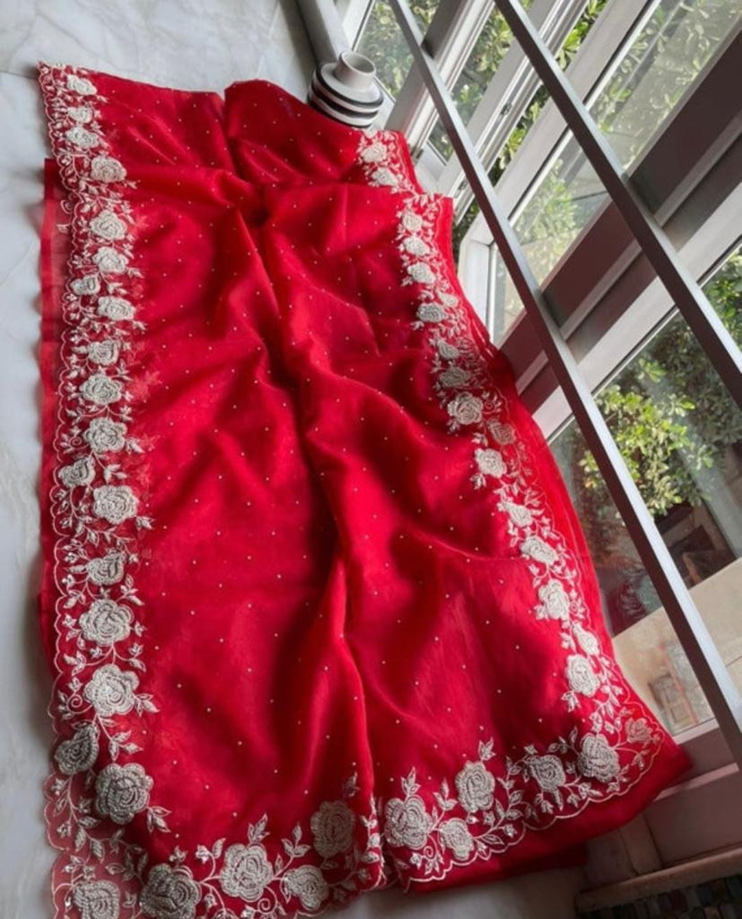 Pearl Red Saree,,,reception Saree,,,,beautiful Sari - Etsy