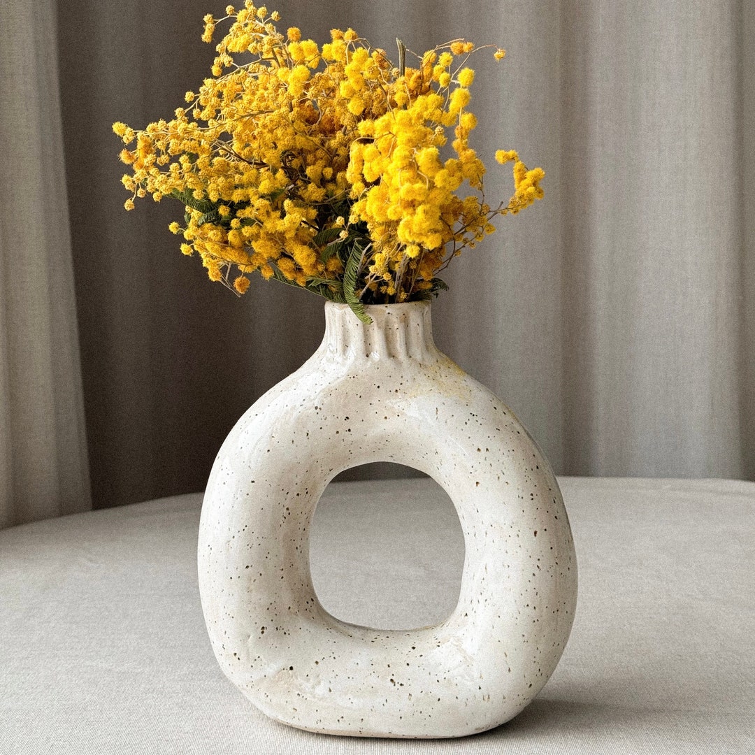 Oval Vase With a Speckled Effect, Donut Shaped Vase, Handcarved Pottery ...