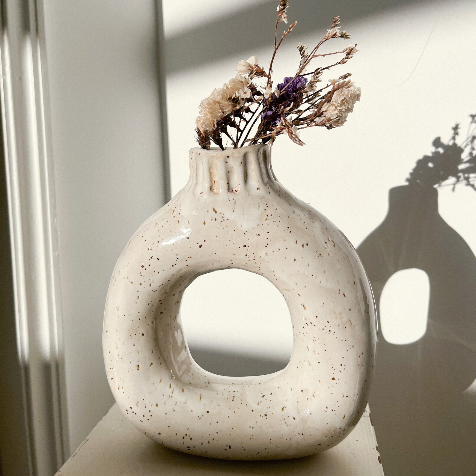 Oval Vase With a Speckled Effect, Donut Shaped Vase, Handcarved Pottery ...