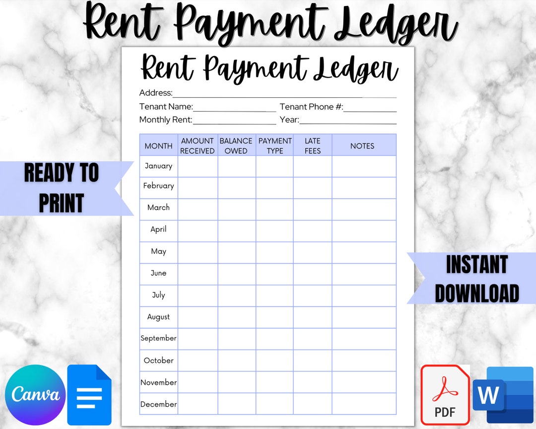 Rental Ledger Rent Payment Tracker Ledger Landlord Rent Payment Sheet ...