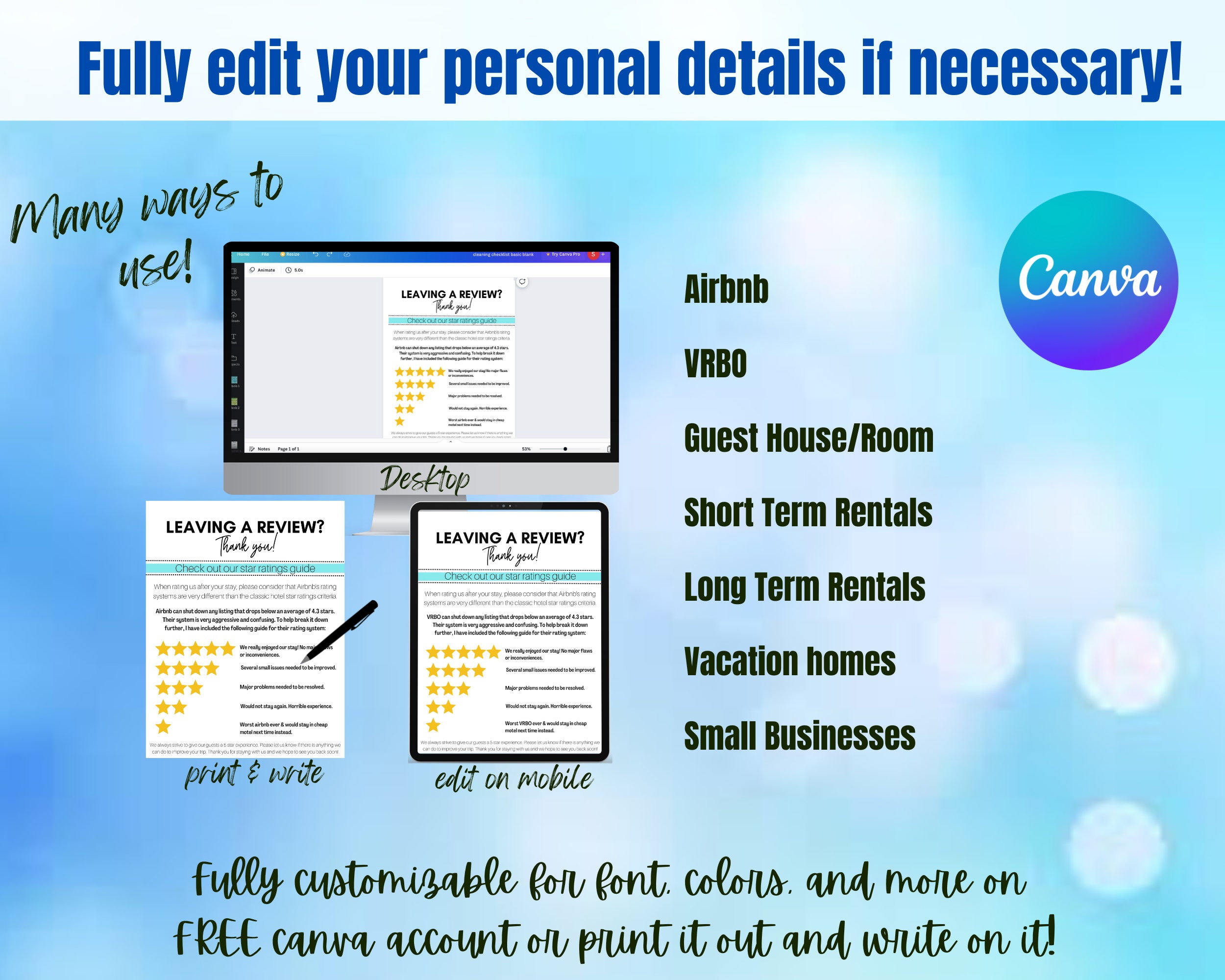 Airbnb Rating Explanation Sign, Feedback Sign Template for Vrbo, Leave ...