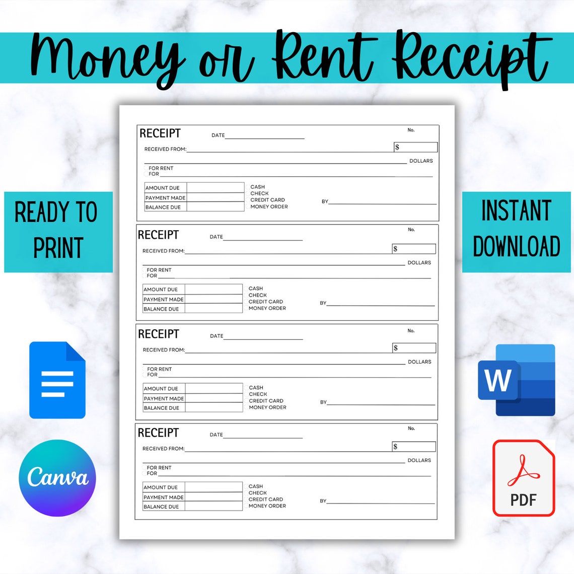 Receipt Template, Invoice Template, Printable Receipt, Money or Rent ...
