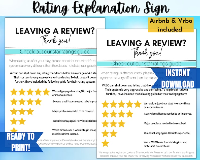 Airbnb Rating Explanation Sign, Feedback Sign Template for Vrbo, Leave ...