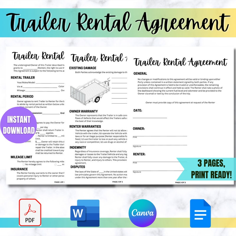 Utility Trailer Rental Agreement Form - Etsy