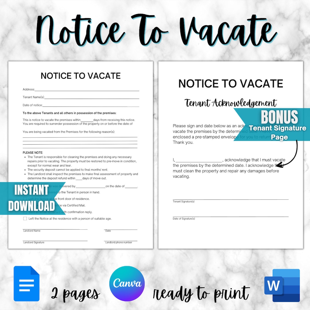 Notice to Vacate Letter Template, Eviction Notice, Notice to Quit by ...