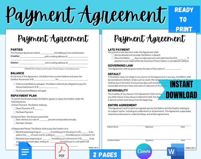 Payment Agreement Contract Template Payment Plan Agreement - Etsy