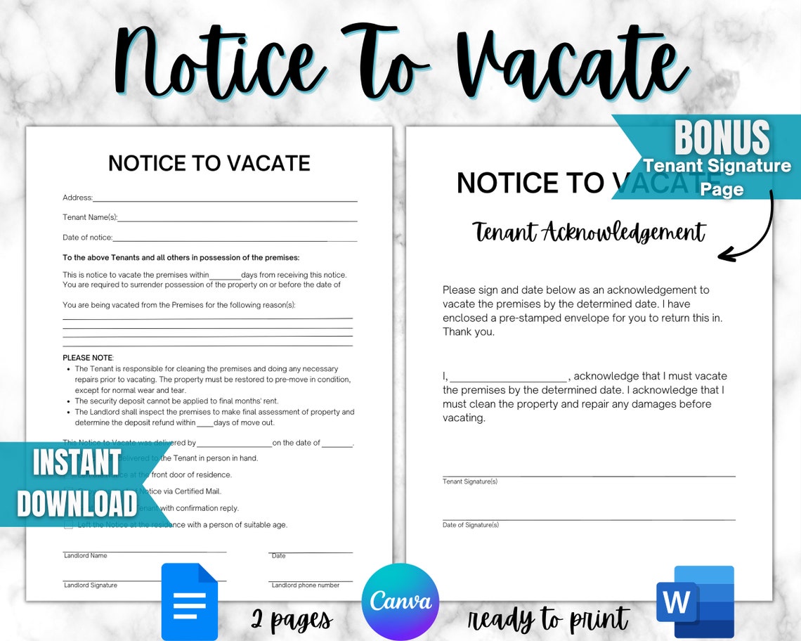 Notice to Vacate Letter Template, Eviction Notice, Notice to Quit by ...