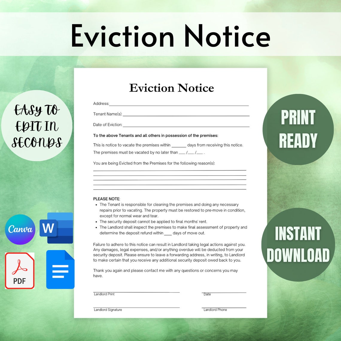 Eviction Notice - Notice to Vacate - Notice of Eviction - Move Out ...