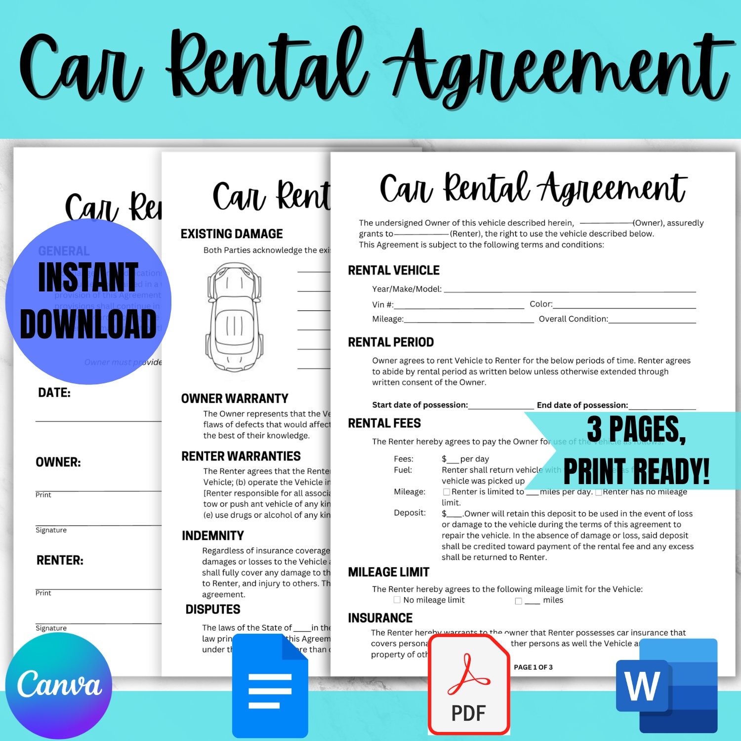 Car Rental Agreement Vehicle Lease Contract - Car Rental Contract ...