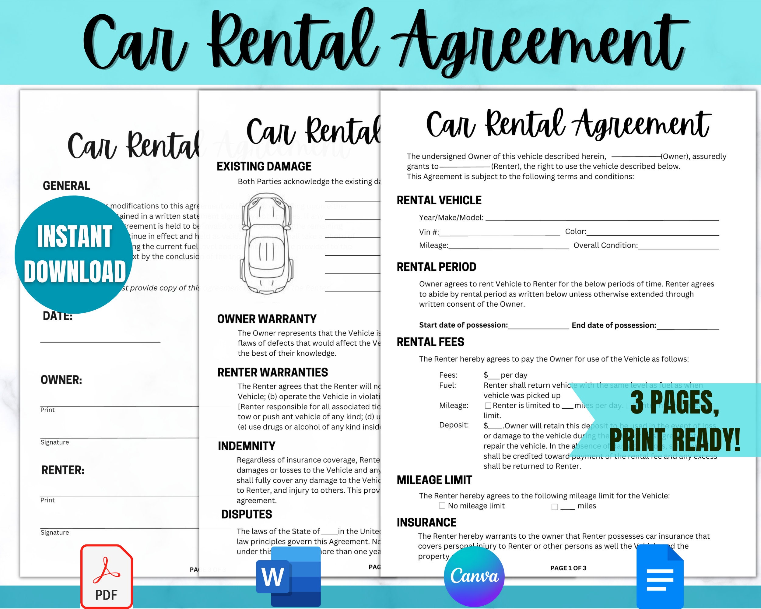 Vehicle Rental Agreement Template
