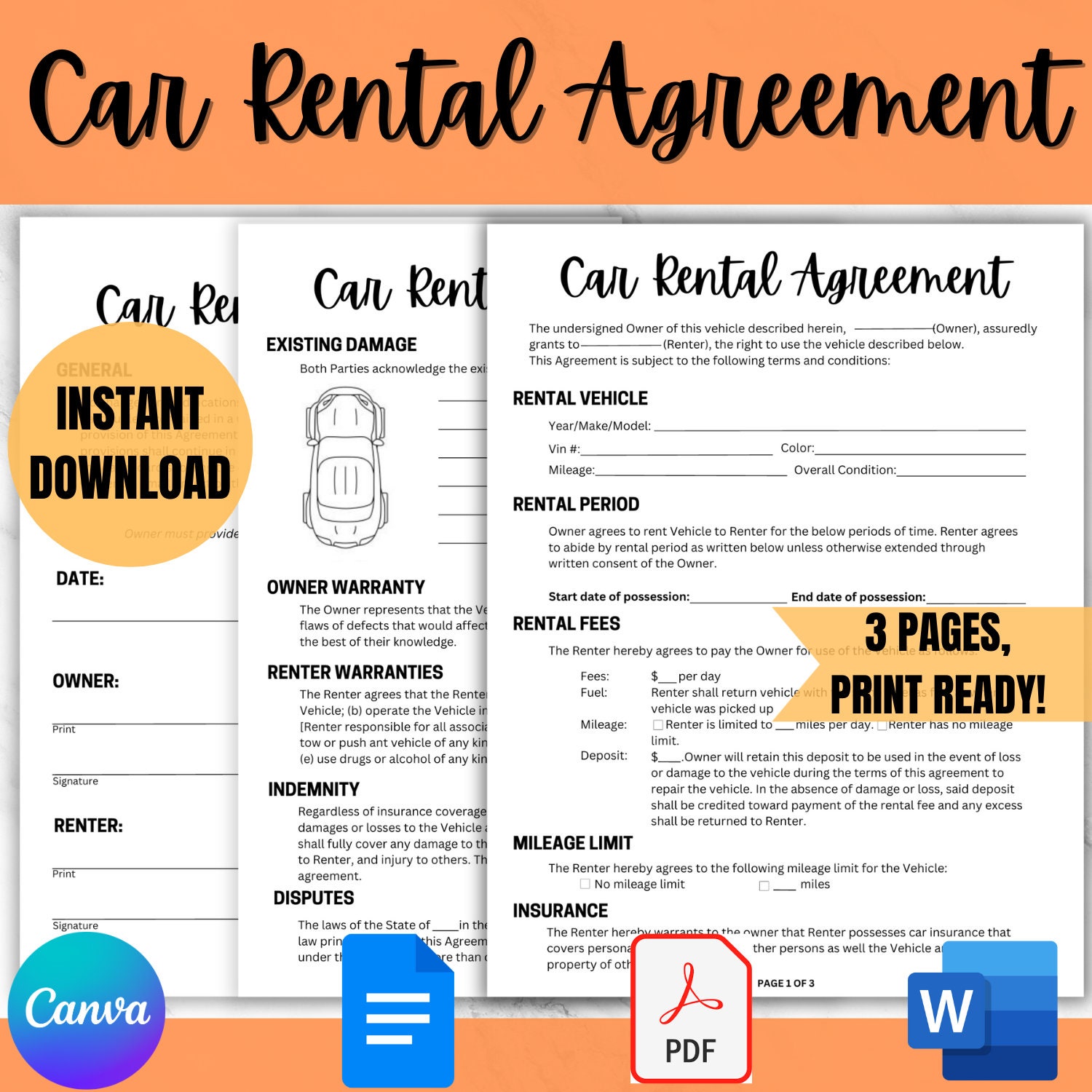 Car Rental Agreement Car Rental Contract Vehicle Lease Contract ...