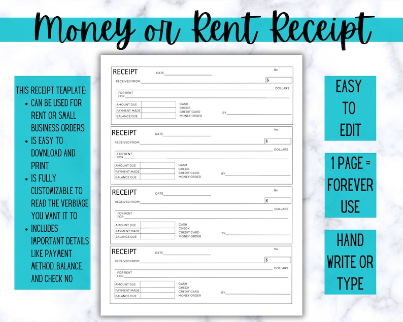 Receipt Template, Invoice Template, Printable Receipt, Money or Rent ...