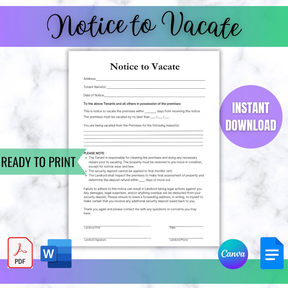 Notice to Vacate - Eviction Notice - Early Lease Termination - Notice ...