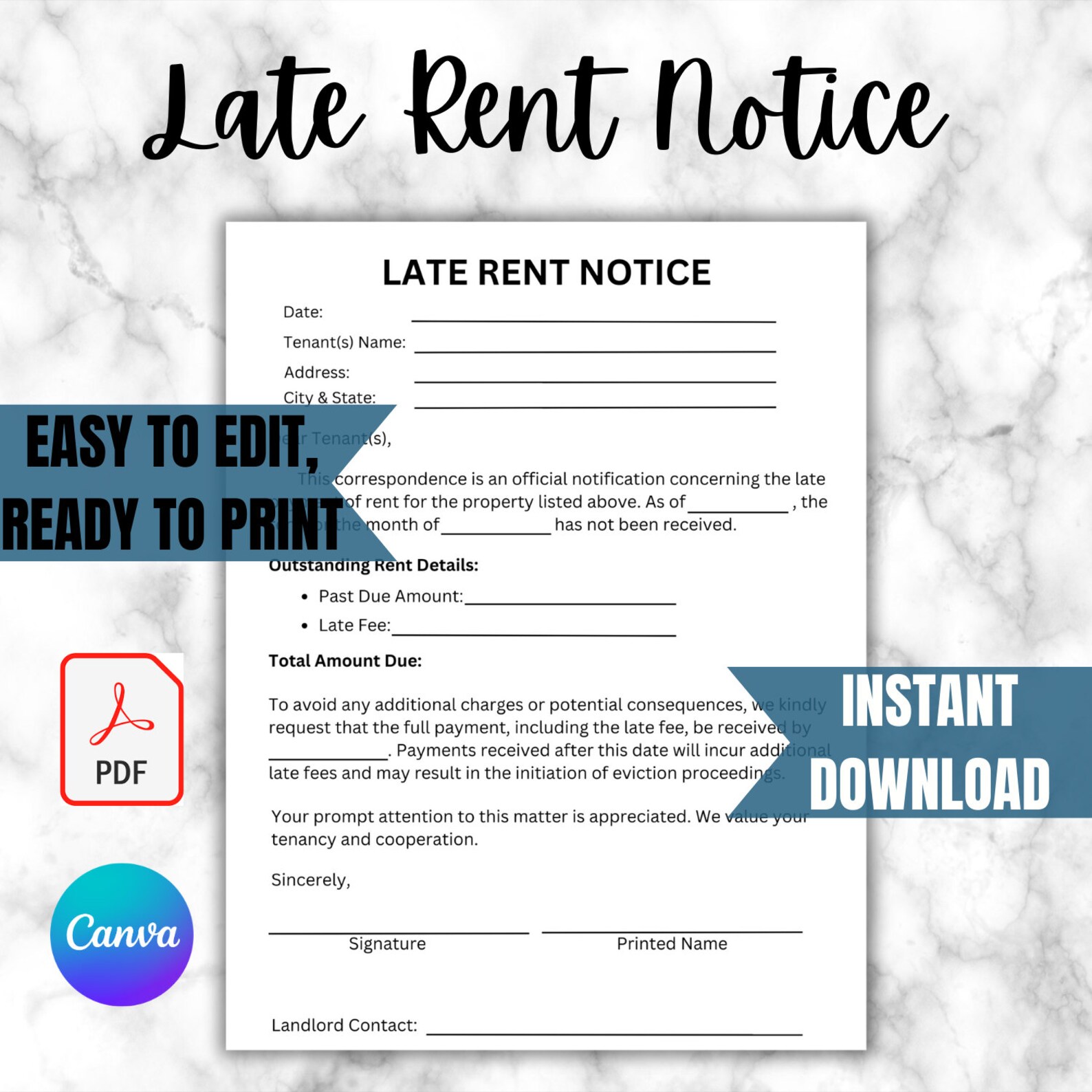 Late Rent Notice - Rent Overdue Letter - Notice of Past Due Rent ...