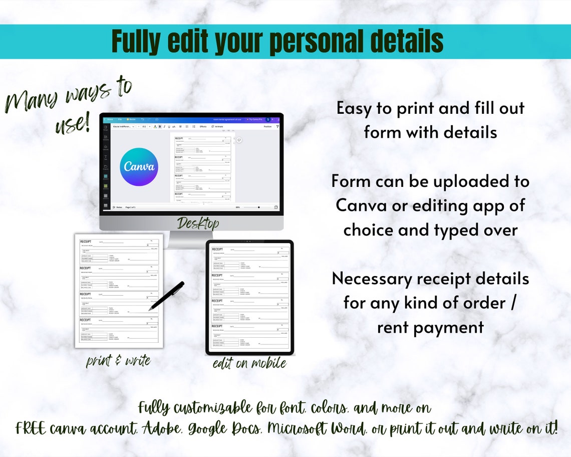 Receipt Template, Invoice Template, Printable Receipt, Money or Rent ...