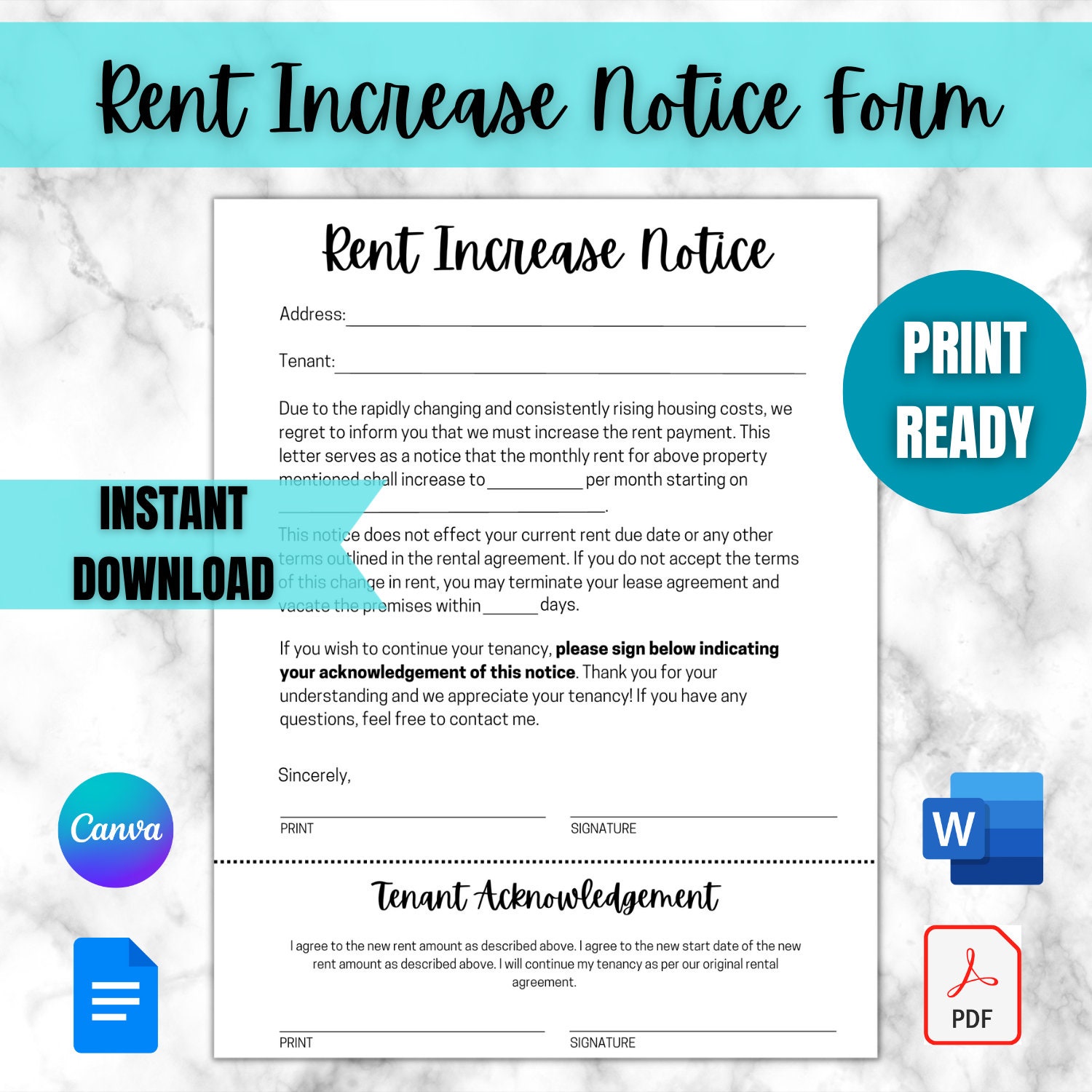 Rent Increase Notice Form, Rental Increase Letter to Tenant, Property ...
