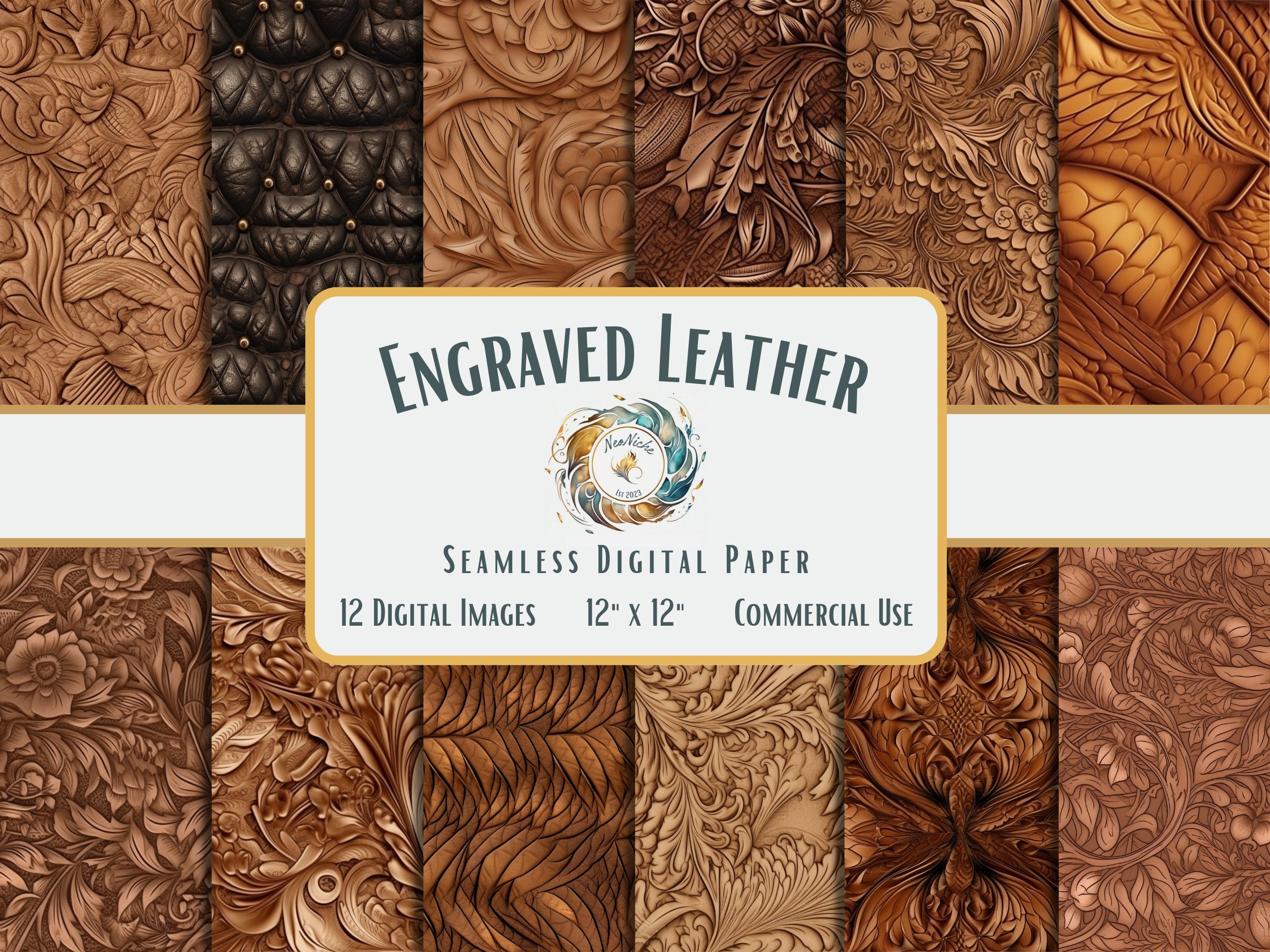 Engraved Leather Digital Paper Seamless Design Commercial Use Floral ...