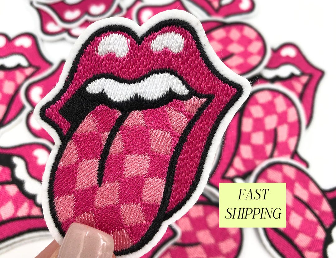 Pink Mouth Patch With Checkered Tongue Patch Embroidered Lip Patch Trendy Mouth Patch for Denim ...