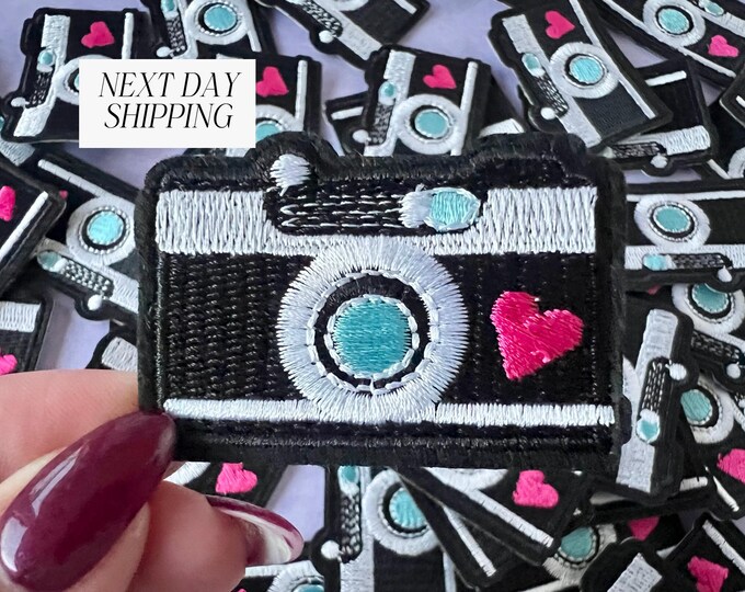 Embroidered IRON on Sew on PATCH Black White Camera Lettering Heat ...