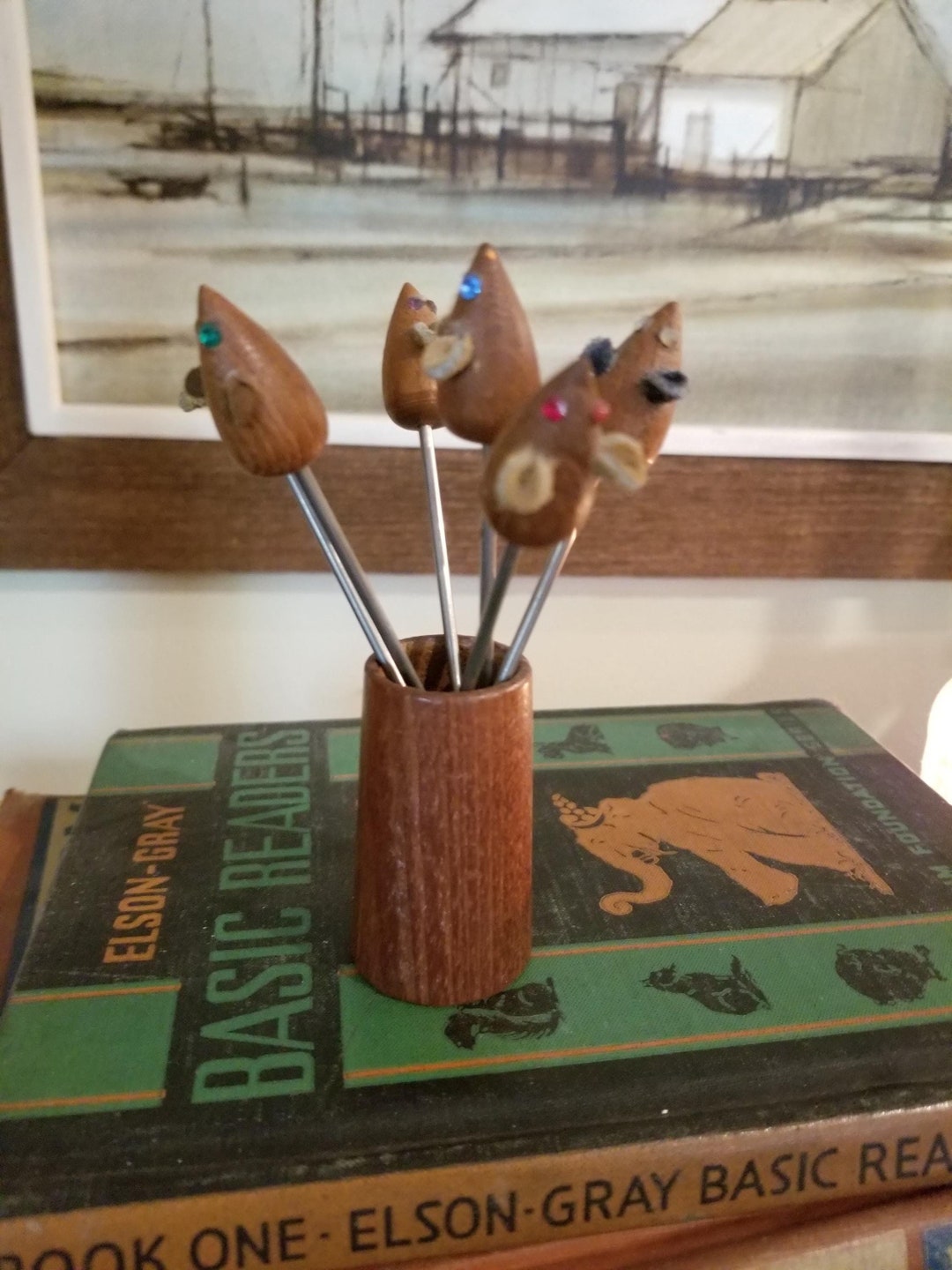 Vintage Mice Picks in Wood Container, Rhinestone Eyes, Leather Ears ...