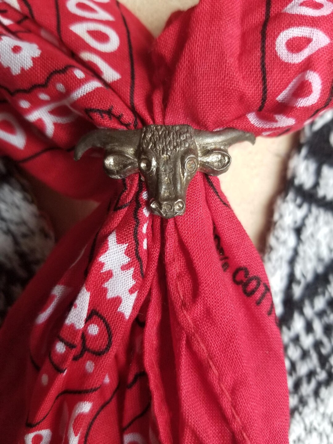 Vintage Scarf, Bandana Slide, Bolo Slide, Bull Head, Face, Bull Silver ...