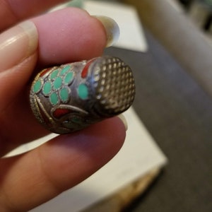 Silver Thimble With Enameled Flowers in Green and Red Leaves/swishes ...