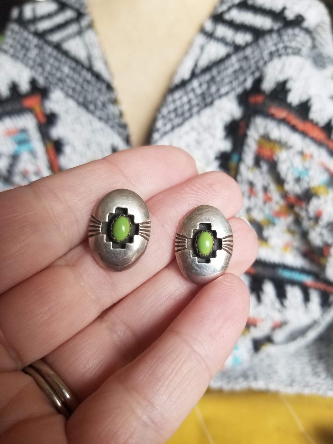 Vintage Pale Green Gaspeite Stone Sterling, Possibly Navajo Jimmie ...