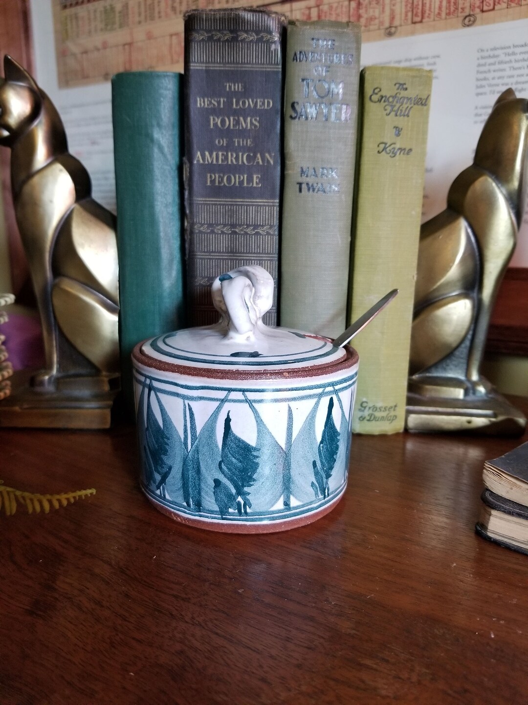 Vintage Redware Pottery Sugar Dish, Salt Glaze Teal Organic Details ...