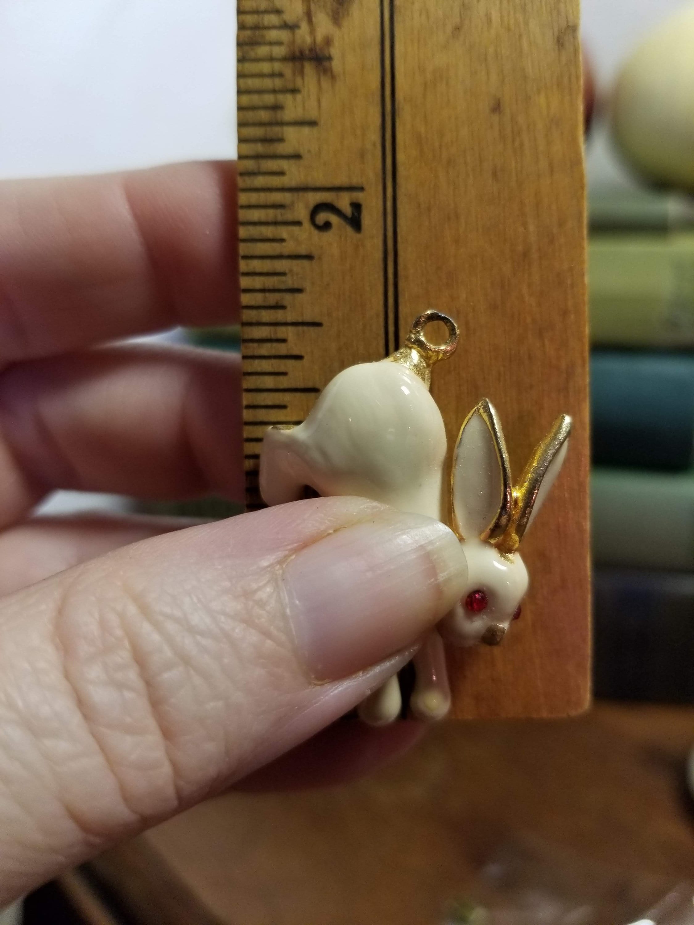 Vintage White Enamel Bunny Rabbit Pendant, Red Rhinestone Eye, Gold ...