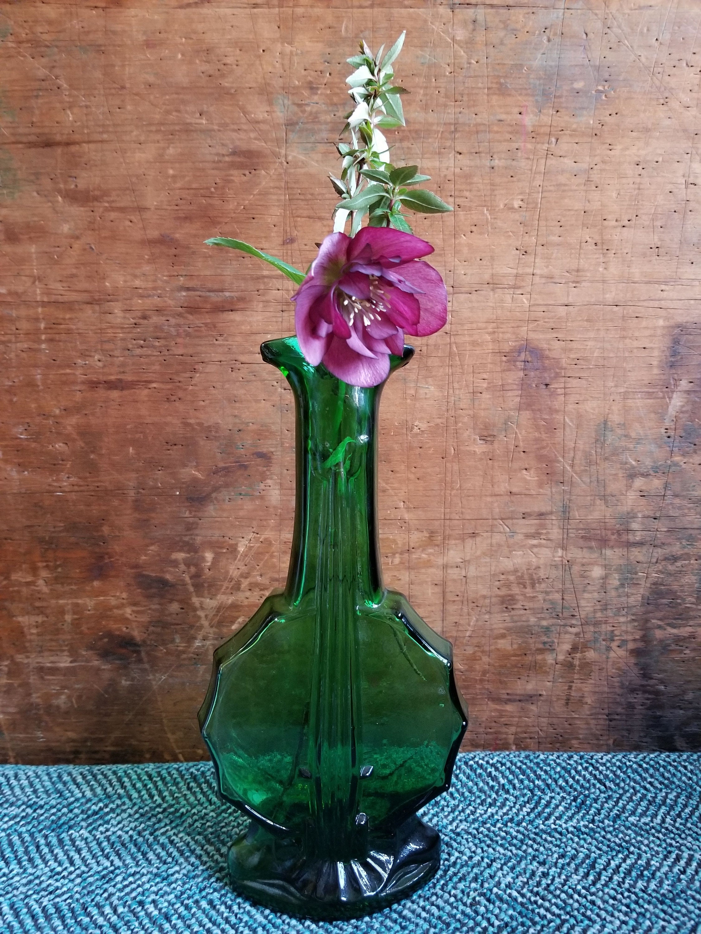 Vintage Glass, Green Banjo, Vase, Decorative Glass, Embossed, Bubbles ...