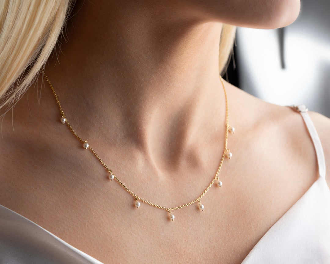 Pearl Necklace, Gold Pearl Necklace, Tiny Pearl Necklace, Pearl Choker ...