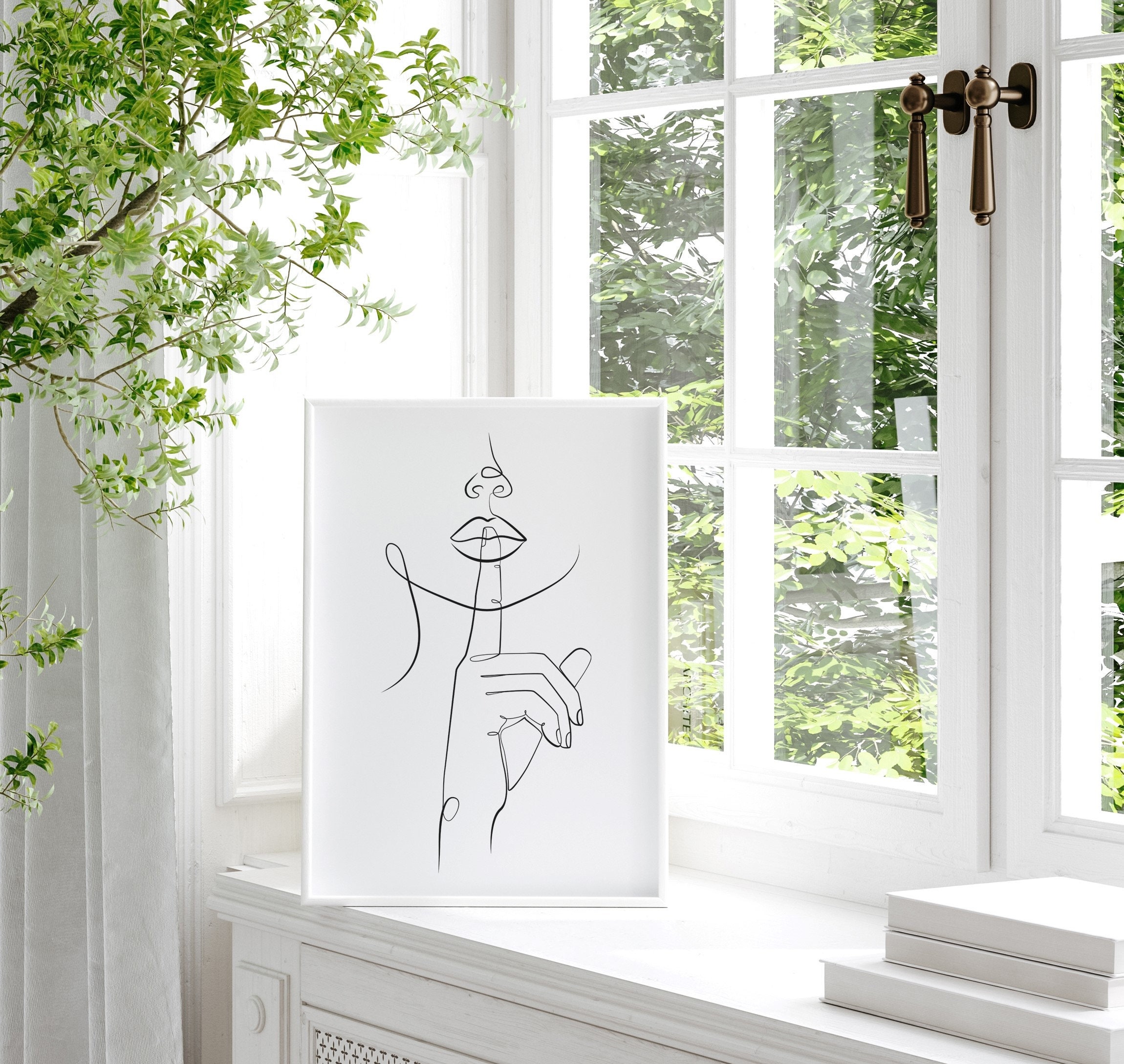 Finger on Lips Art, Woman One Line Drawing, Hush Print, Printable Wall ...