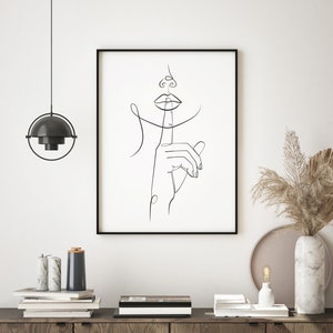 Finger on Lips Art, Woman One Line Drawing, Hush Print, Printable Wall ...