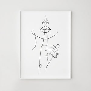 Finger on Lips Art, Woman One Line Drawing, Hush Print, Printable Wall ...