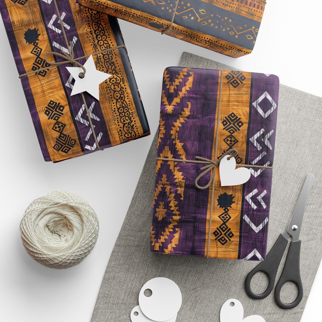 African Mud Cloth Gift Wrap Paper - Bold Purple and Gold Tribal ...