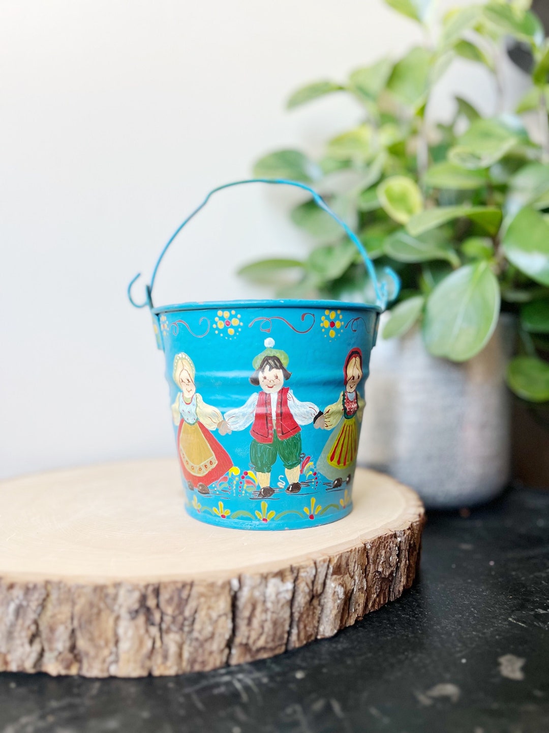 Vintage Hand Painted Metal Bucket Pail Small Folksy Pail, Children ...