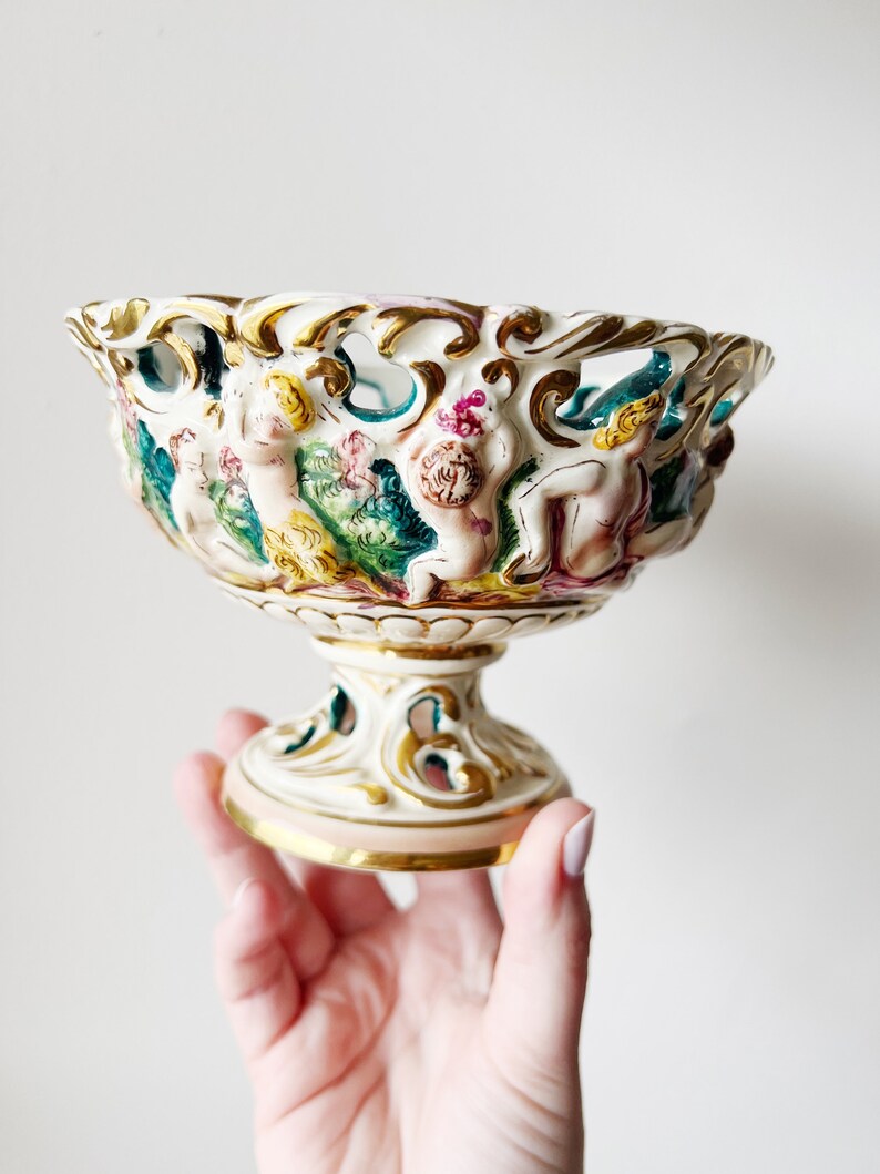 Vintage Capodimonte Italy Pedestal Compote Footed Bowl With Gold ...