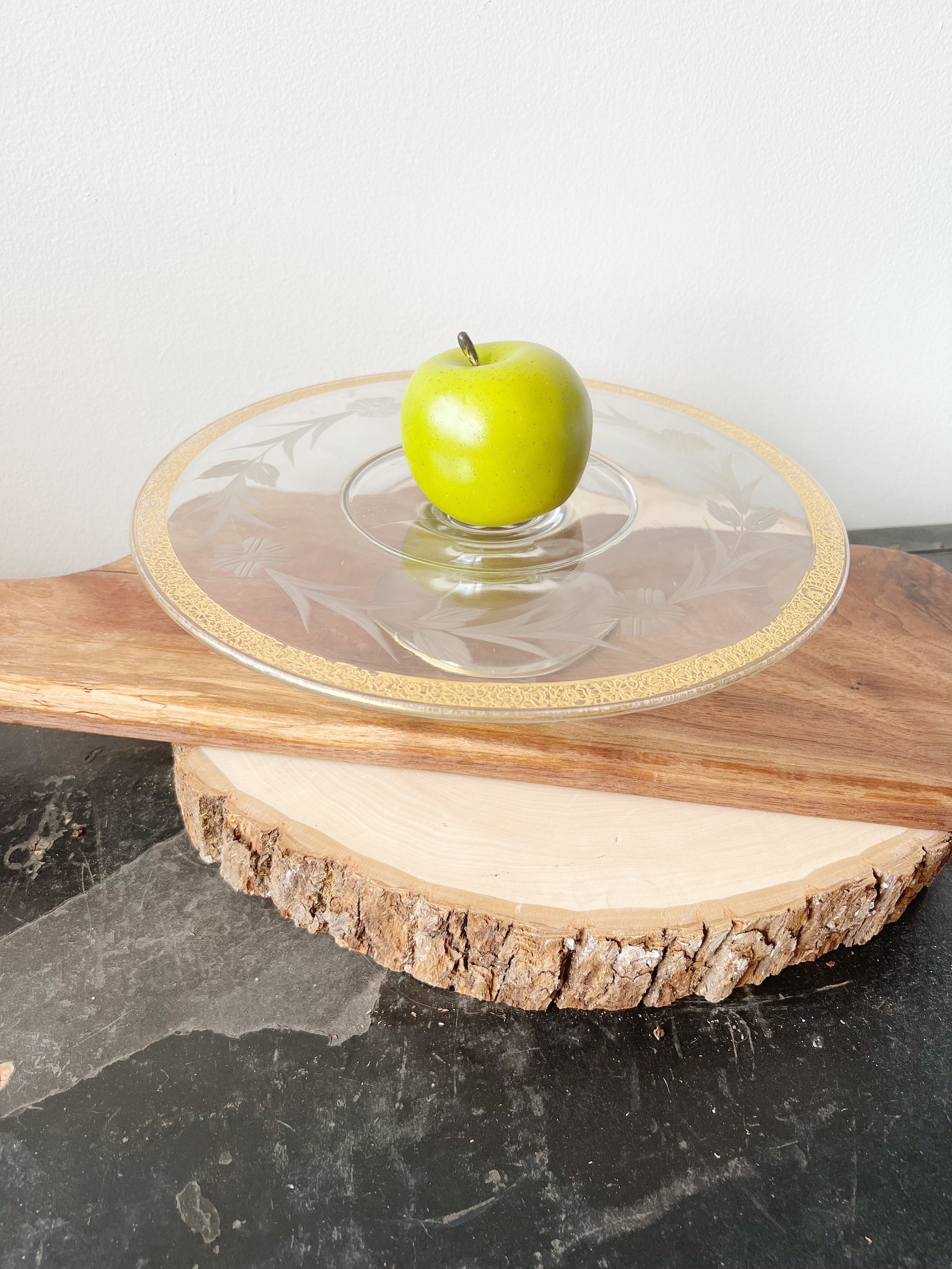 Vintage Etched Glass Cake Platter With Gold Rim-11 Serving Tray, Glass ...