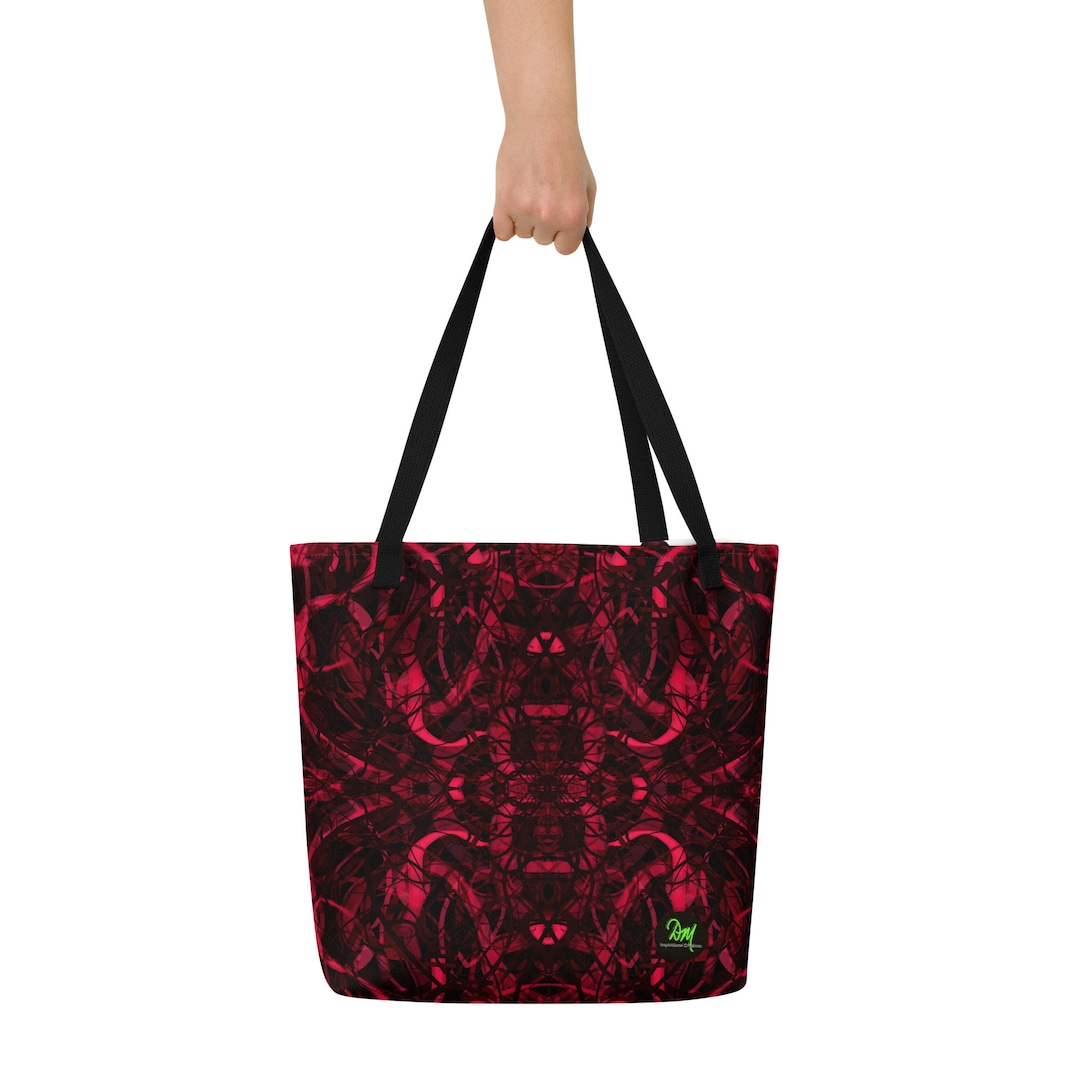 Large Canvas Tote Bag, Red Abstract Line Art Design on Black Background ...