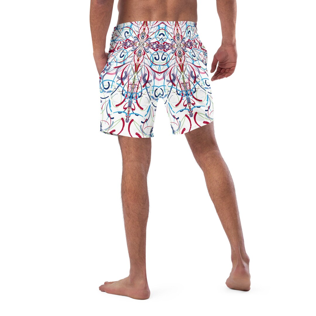 Adult Swim Trunks, Red White Blue Abstract Line Art Design on White ...