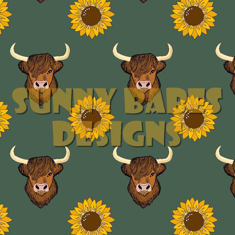 Highland Cow and Sunflowers Seamless File Green Seamless - Etsy