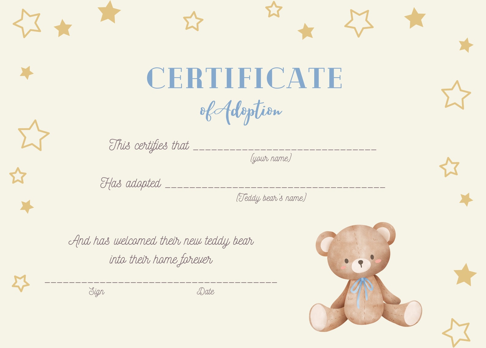 Teddy Bear Adoption Certificate Digital PRINTABLE Boys and Girls Party ...