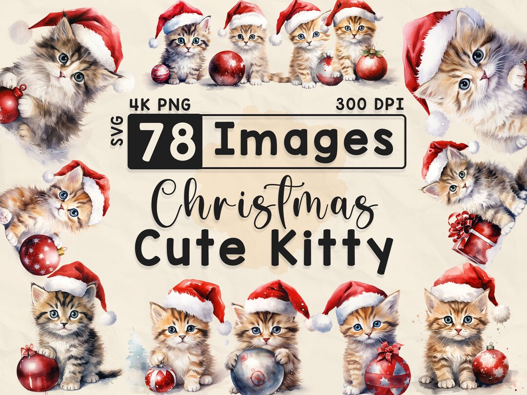 Christmas Cute Kitty Clipart, Watercolor Clipart, Festive Season ...