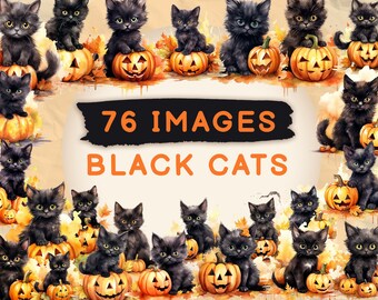 8 Halloween Black Cat Clipart, Watercolor Kitten Clipart, Halloween PNG ...