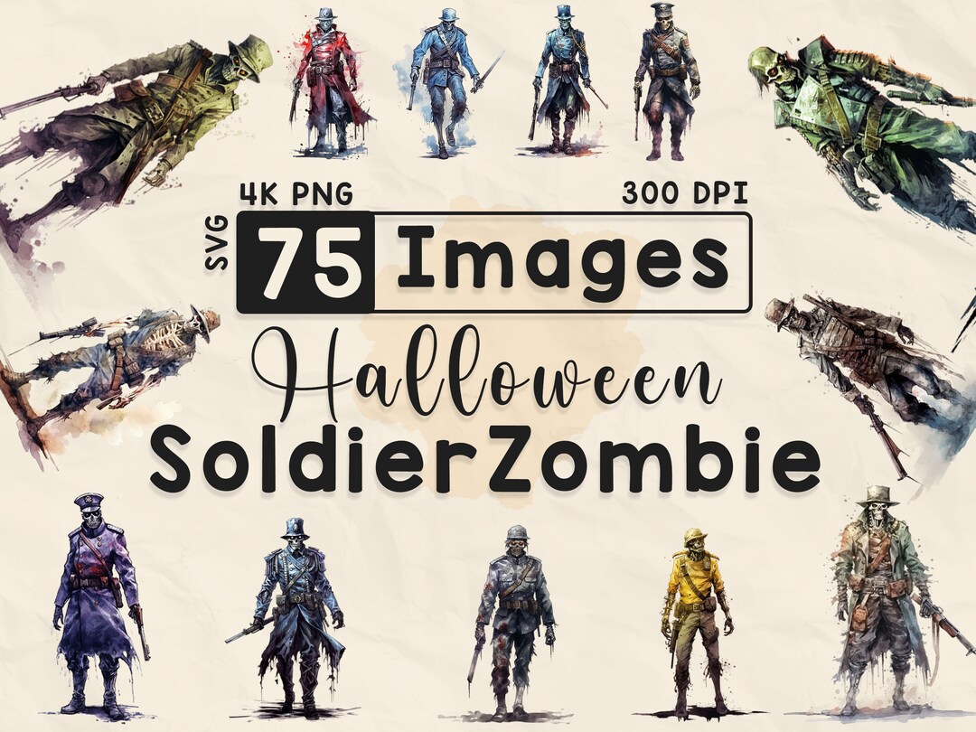 75 Spooky Halloween Zombie Soldier Clipart, Watercolor Clipart ...
