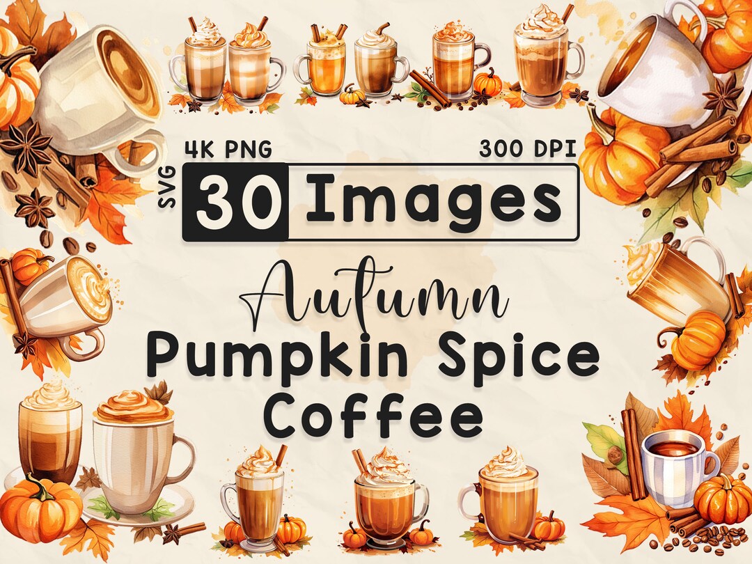 30 Autumn Pumpkin Spice Coffee Clipart, Watercolor Clipart, Fall Season ...