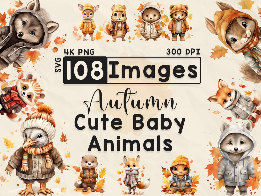 108 Autumn Cute Baby Animals Clipart, Watercolor Clipart, Fall Season ...