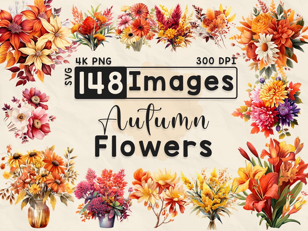 148 Autumn Flowers Clipart, Watercolor Clipart, Fall Season, Scrapbook ...