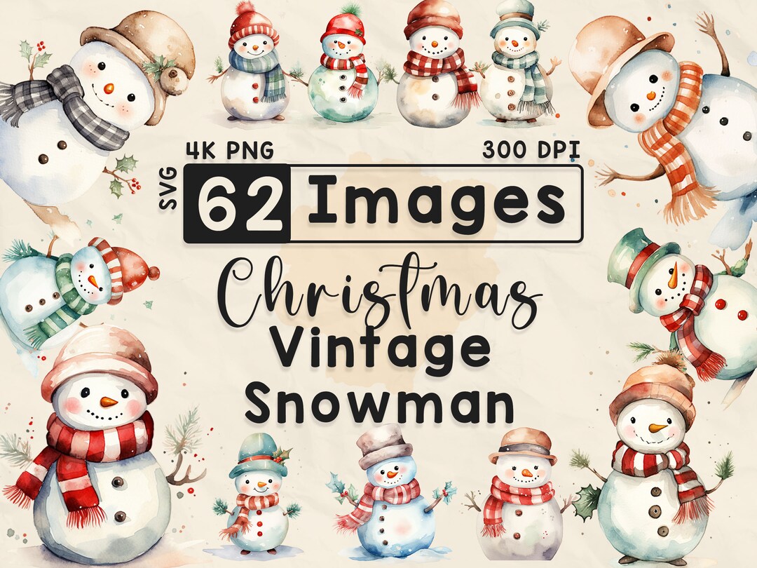 Christmas Vintage Snowman Clipart, Watercolor Clipart, Christmas PNG ...