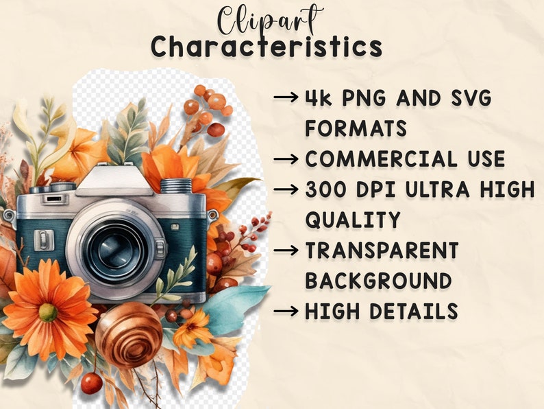 56 Autumn Boho Camera Watercolor Clipart Fall Clipart - Etsy